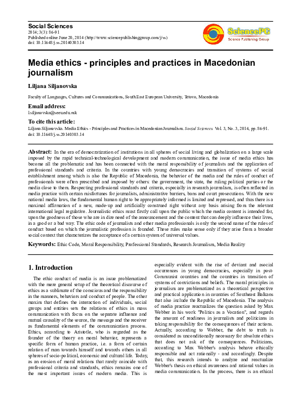 (PDF) Media Ethics - Principles and Practices in Macedonian Journalism