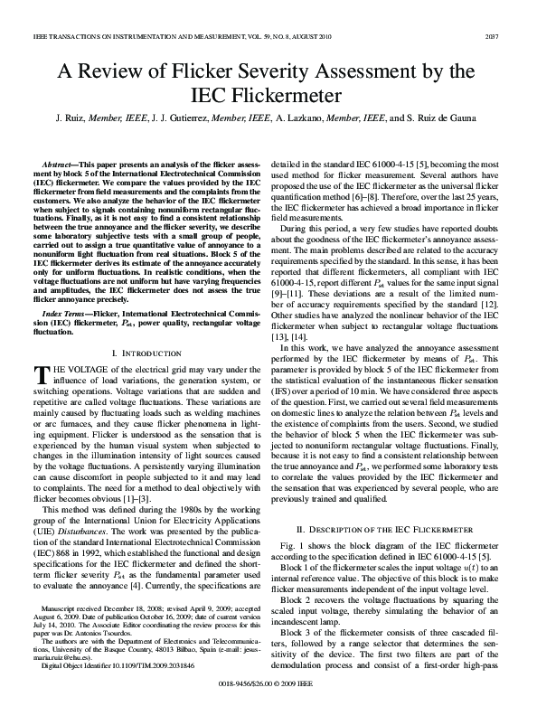(PDF) A Review of Flicker Severity Assessment by the IEC Flickermeter