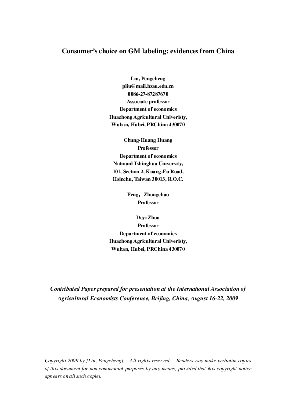 (PDF) Consumer's choice on GM labeling: evidences from China