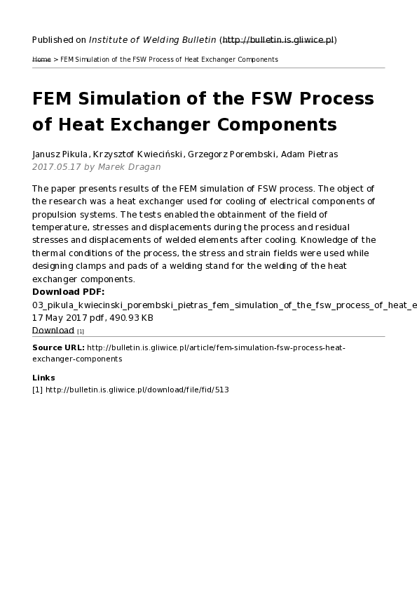 (PDF) FEM Simulation of the FSW Process of Heat Exchanger Components