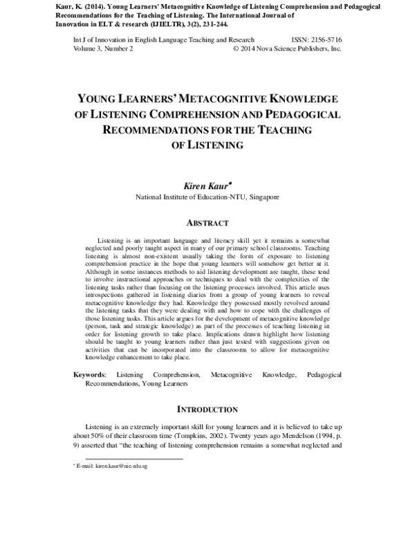 (PDF) YOUNG LEARNERS' METACOGNITIVE KNOWLEDGE OF LISTENING COMPREHENSION AND PEDAGOGICAL ...