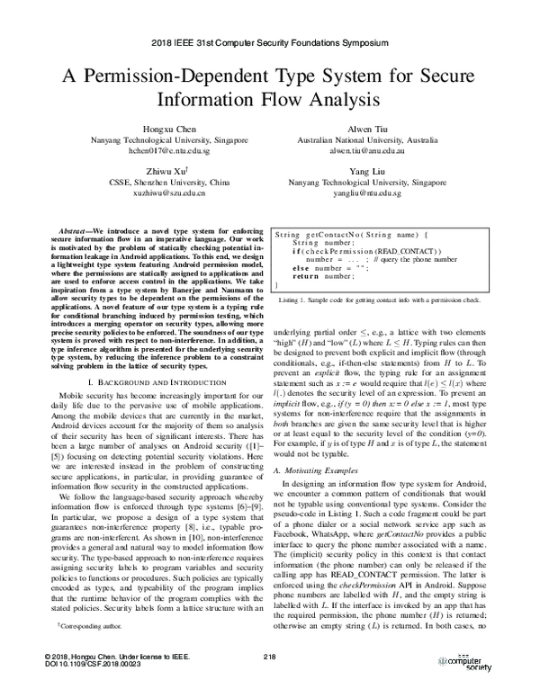 (PDF) A Permission-Dependent Type System for Secure Information Flow Analysis | Hongxu Chen ...