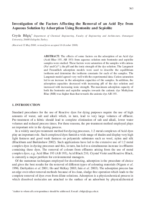 (PDF) Investigation of the Factors Affecting the Removal of an Acid Dye from Aqueous Solution by ...