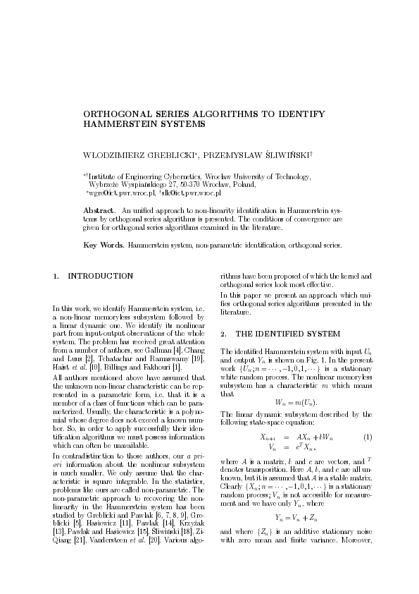 (PDF) Orthogonal series algorithms to identify Hammerstein systems