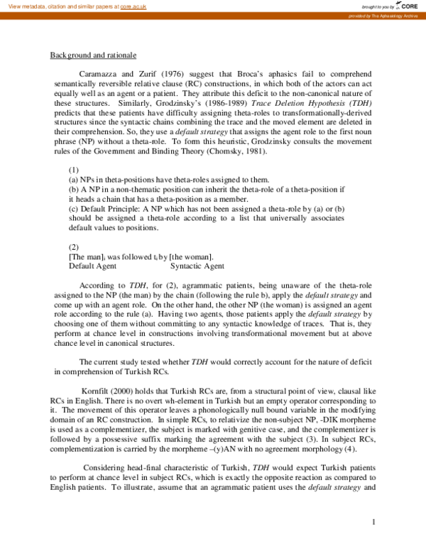 (PDF) Comprehension of Turkish relative clauses in agrammatic Broca’s ...