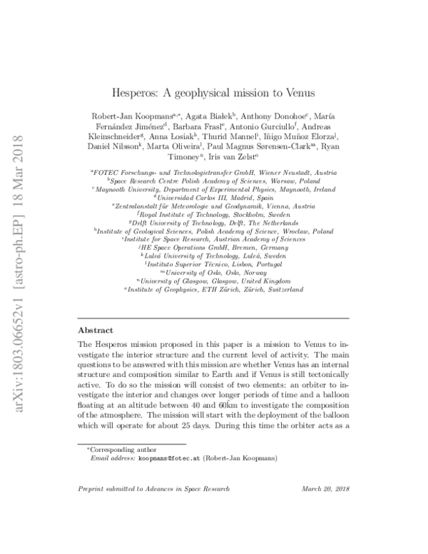 (PDF) Hesperos: A geophysical mission to Venus