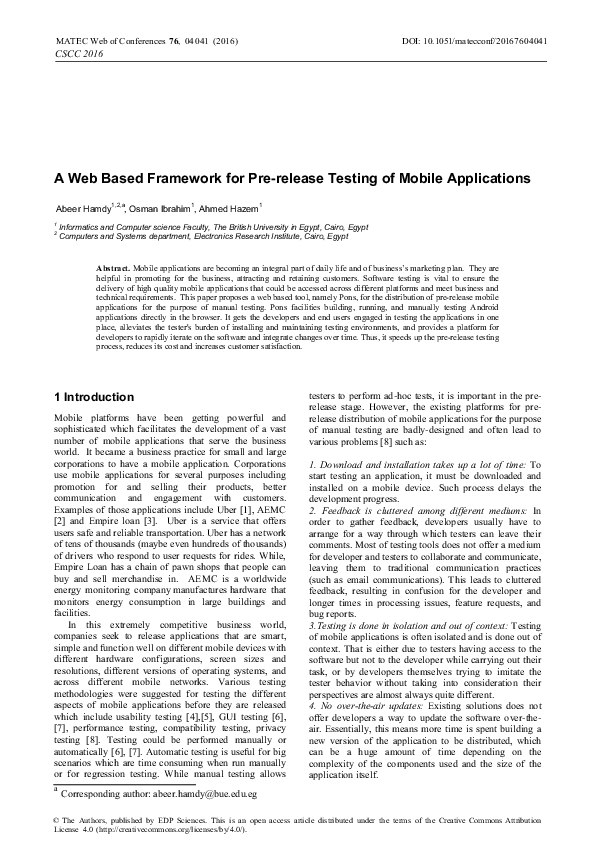 (PDF) A Web Based Framework for Pre-release Testing of Mobile ...