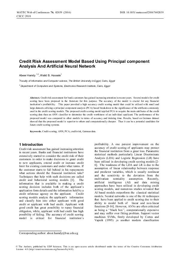 Pdf Credit Risk Assessment Model Based Using Principal Component Analysis And Artificial