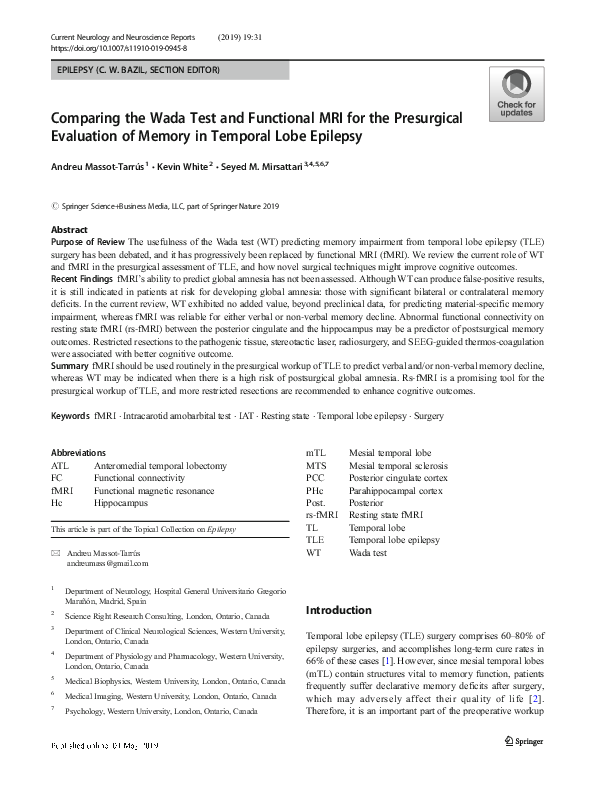 (PDF) Comparing the Wada Test and Functional MRI for the Presurgical ...