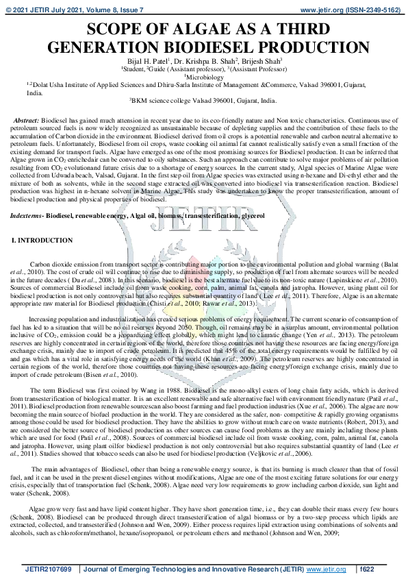 (PDF) Scope of Algae as a Third Generation Biodiesel Production