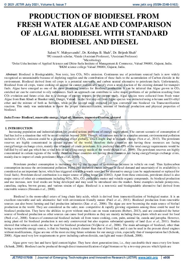 (PDF) Production of Biodiesel from Fresh Water Algae and Comparison of ...