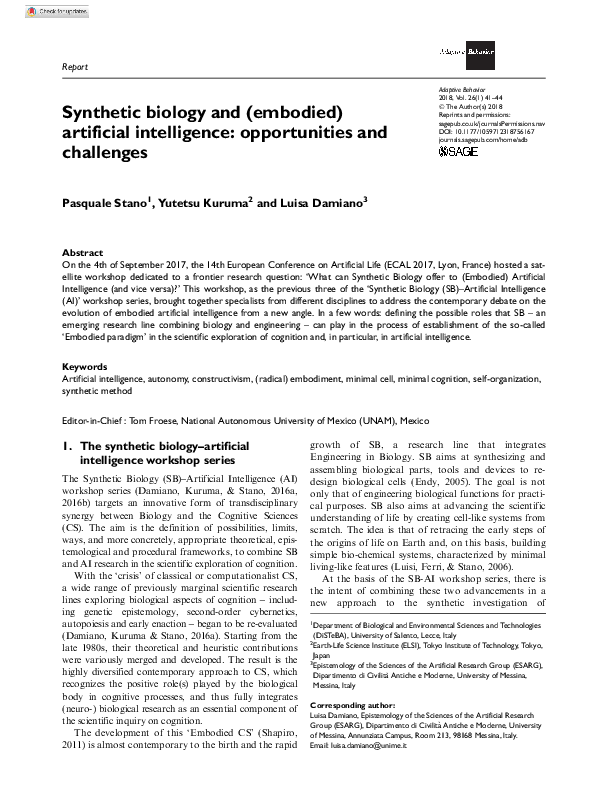 (PDF) Synthetic biology and (embodied) artificial intelligence: opportunities and challenges