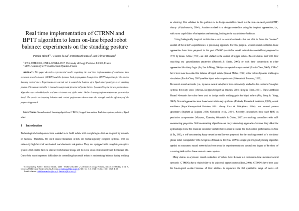 Pdf Real Time Implementation Of Ctrnn And Bptt Algorithm To Learn On Line Biped Robot Balance