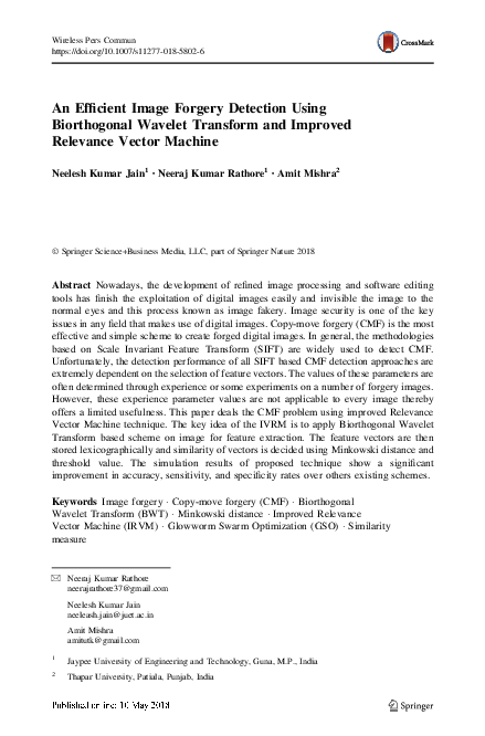 Pdf An Efficient Image Forgery Detection Using Biorthogonal Wavelet Transform And Improved