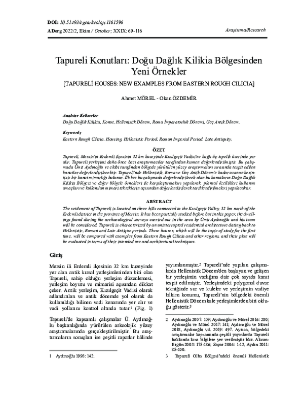 (PDF) "Tapureli Houses: New Examples from Eastern Rough Cilicia" "Tapureli Konutları: Doğu ...