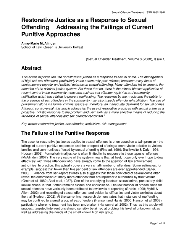 (PDF) Restorative Justice as a Response to Sexual Offending Addressing ...