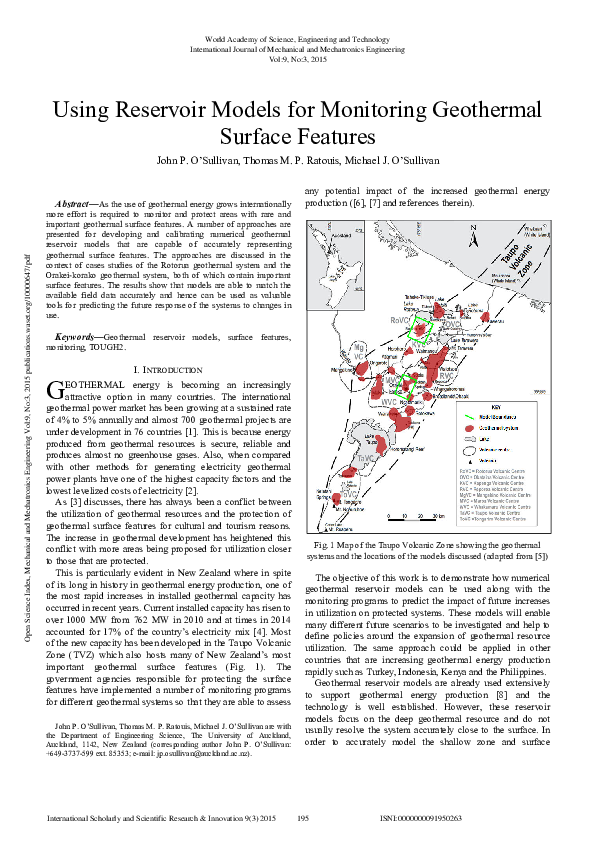(PDF) Using Reservoir Models For Monitoring Geothermal Surface Features