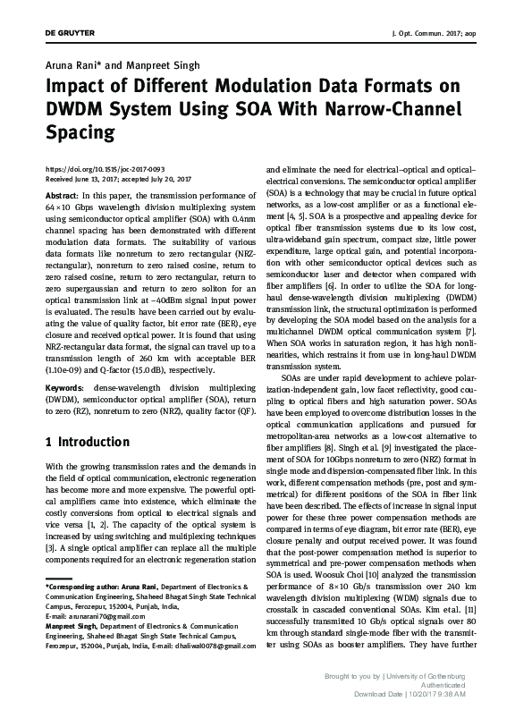 (PDF) Impact of Different Modulation Data Formats on DWDM System Using SOA With Narrow-Channel ...
