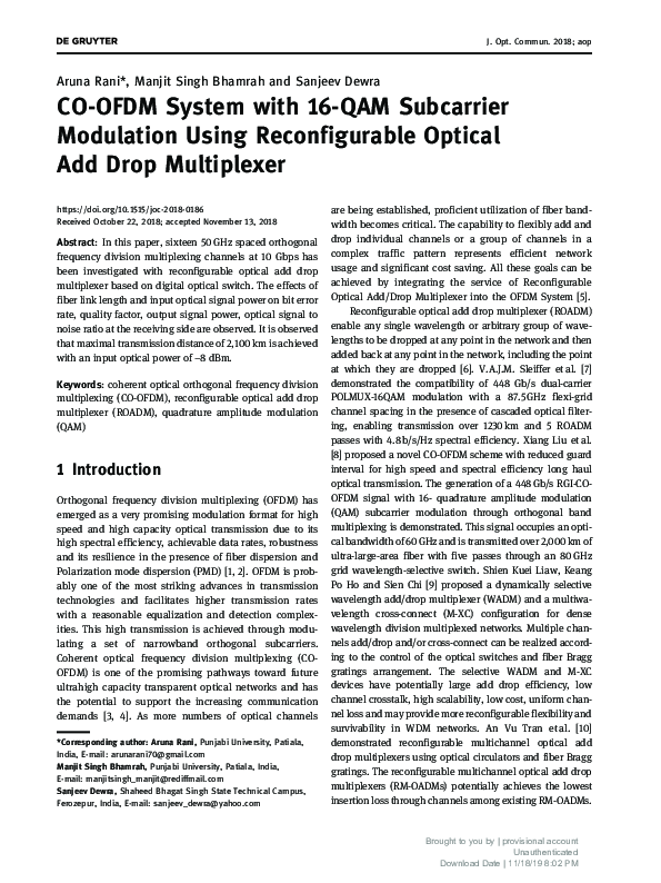 (PDF) CO-OFDM System with 16-QAM Subcarrier Modulation Using Reconfigurable Optical Add Drop ...