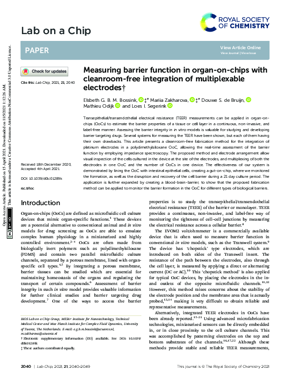 (PDF) Measuring barrier function in organ-on-chips with cleanroom-free ...