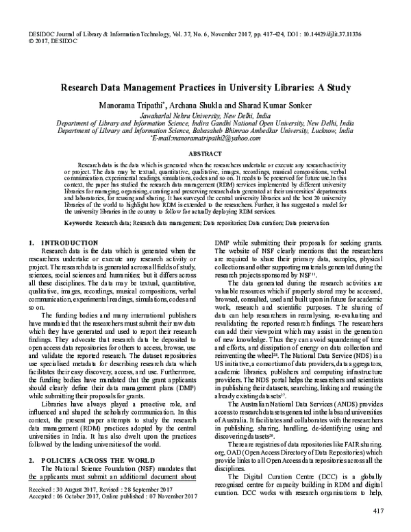 (PDF) Research Data Management Practices in University libraries: A study