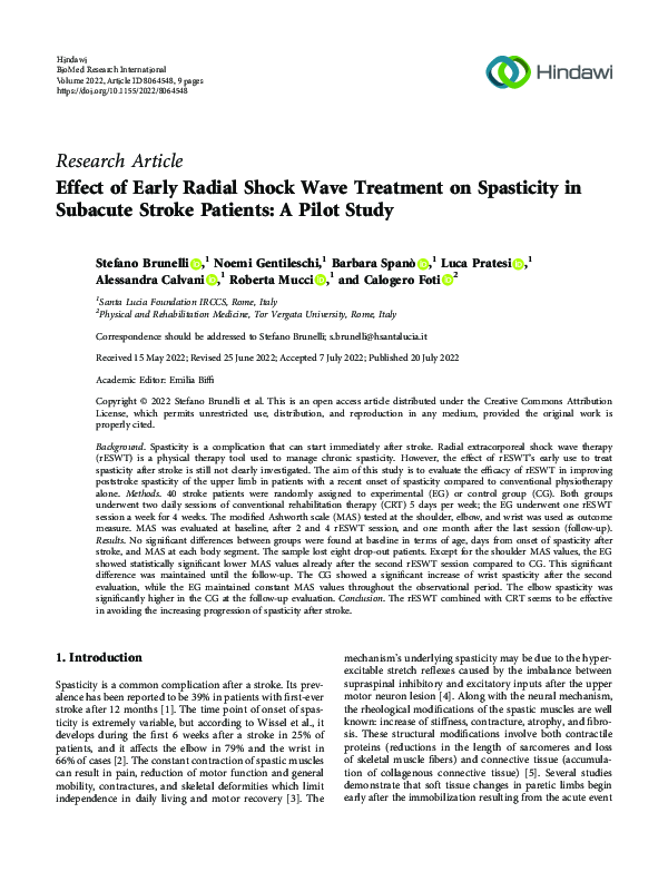 (PDF) Effect of Early Radial Shock Wave Treatment on Spasticity in ...