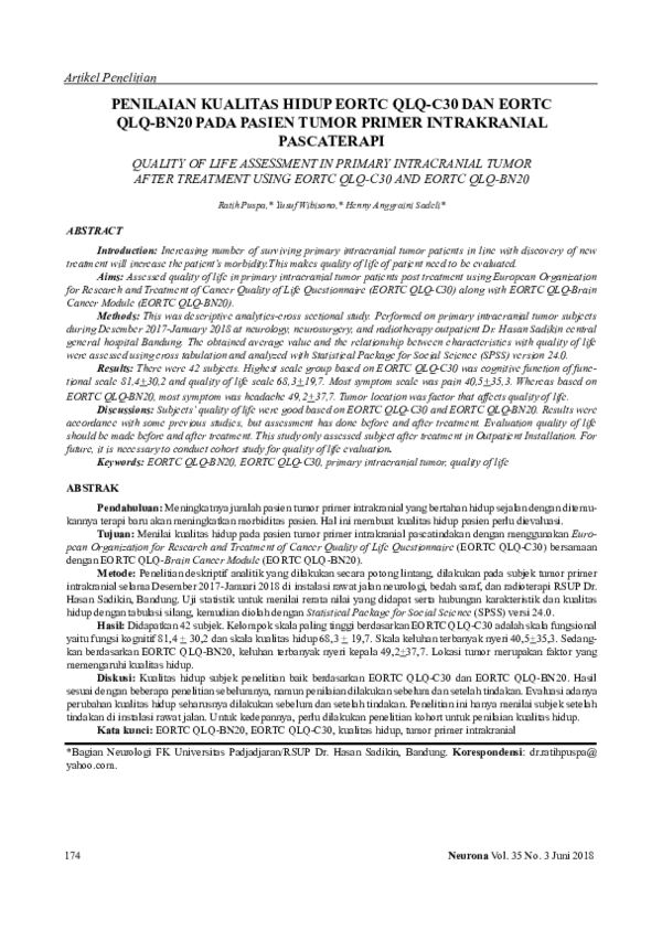 (PDF) Penilaian Kualitas Hidup Eortc QLQ-C30 Dan Eortc QLQ-BN20 Pada Pasien Tumor Primer ...