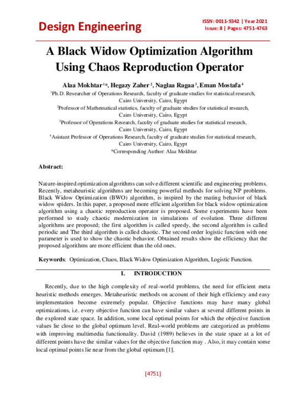 Pdf A Black Widow Optimization Algorithm Using Chaos Reproduction Operator Alaa Mokhtar