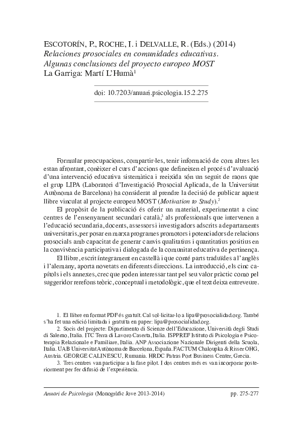 (PDF) Relaciones prosociales en comunidades educativas: conclusiones del proyecto europeo Most