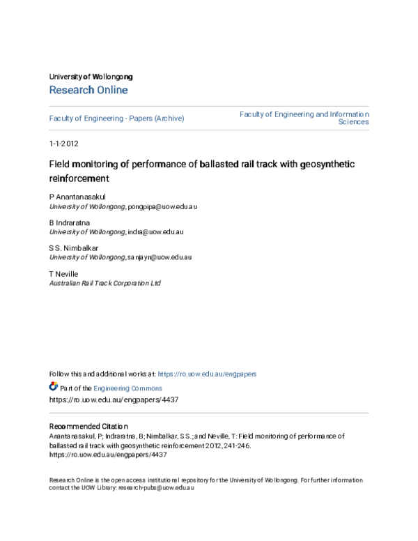 (PDF) Field monitoring of performance of ballasted rail track with geosynthetic reinforcement