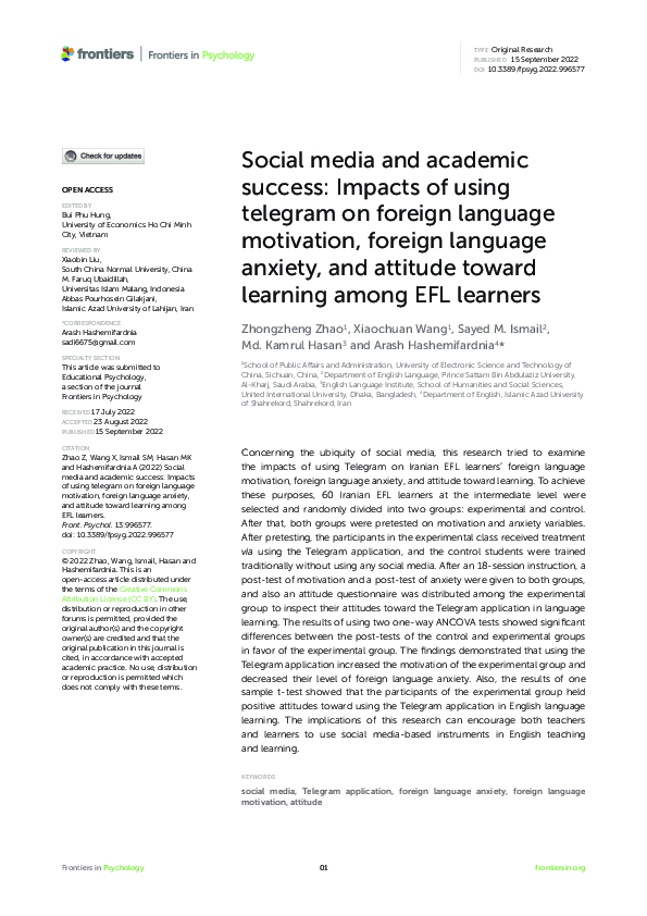 (PDF) Social media and academic success: Impacts of using telegram on foreign language ...