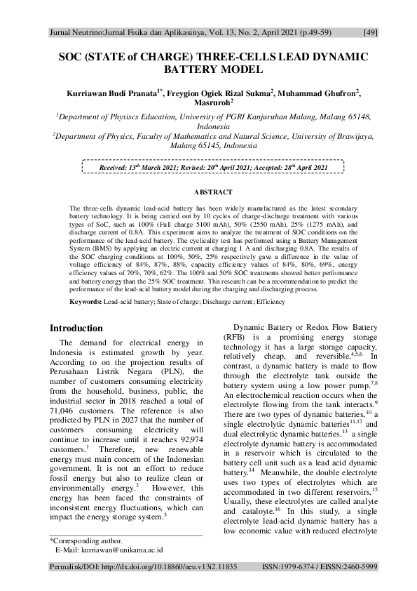 (PDF) SOC (STATE of CHARGE) THREE-CELL LEAD DYNAMIC BATTERY MODEL (PDF) SOC (STATE of CHARGE) THREE-CELL LEAD DYNAMIC BATTERY MODEL