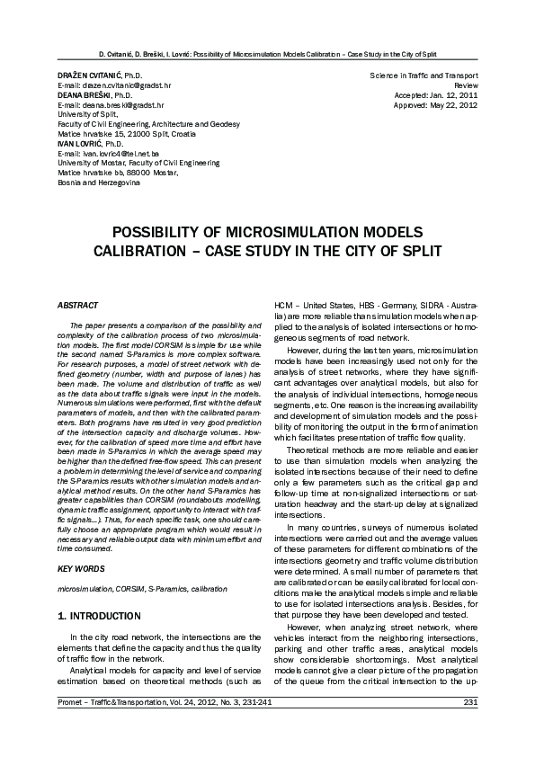 (PDF) Possibility of Microsimulation Models Calibration – Case Study in the City of Split