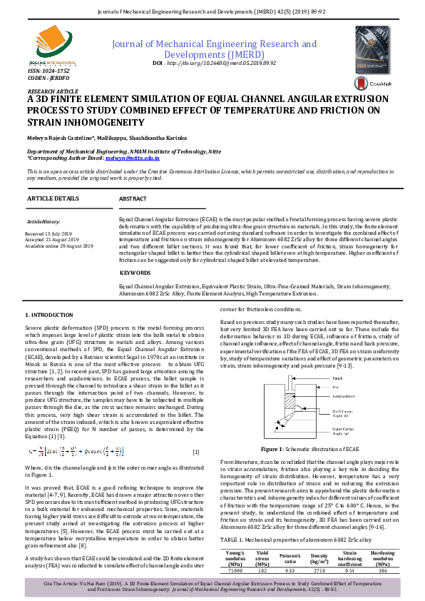 (PDF) A 3D Finite Element Simulation of Equal Channel Angular Extrusion Process to Study ...