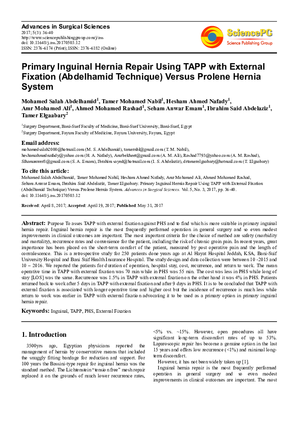 (PDF) Primary Inguinal Hernia Repair Using TAPP with External Fixation (Abdelhamid Technique ...