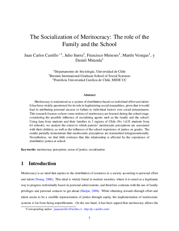 (PDF) The Socialization of Meritocracy: The role of the Family and the ...