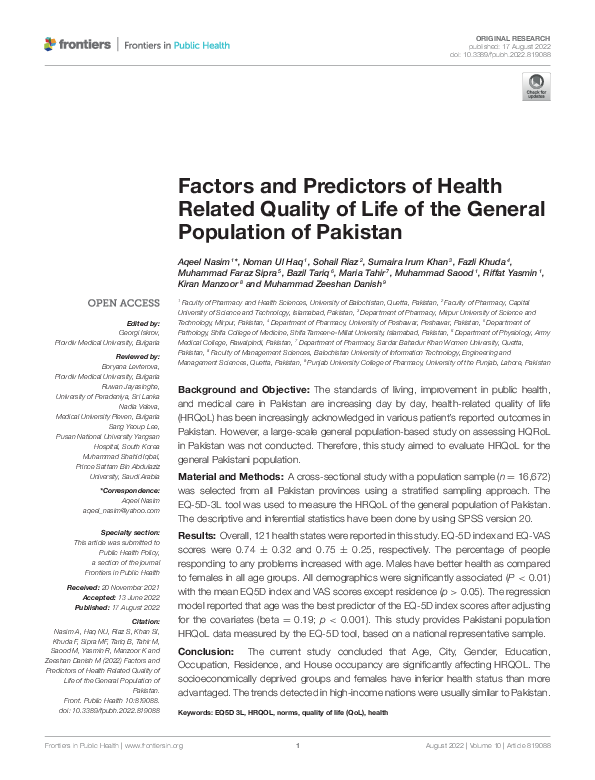 (PDF) Factors and Predictors of Health Related Quality of Life of the General Population of Pakistan