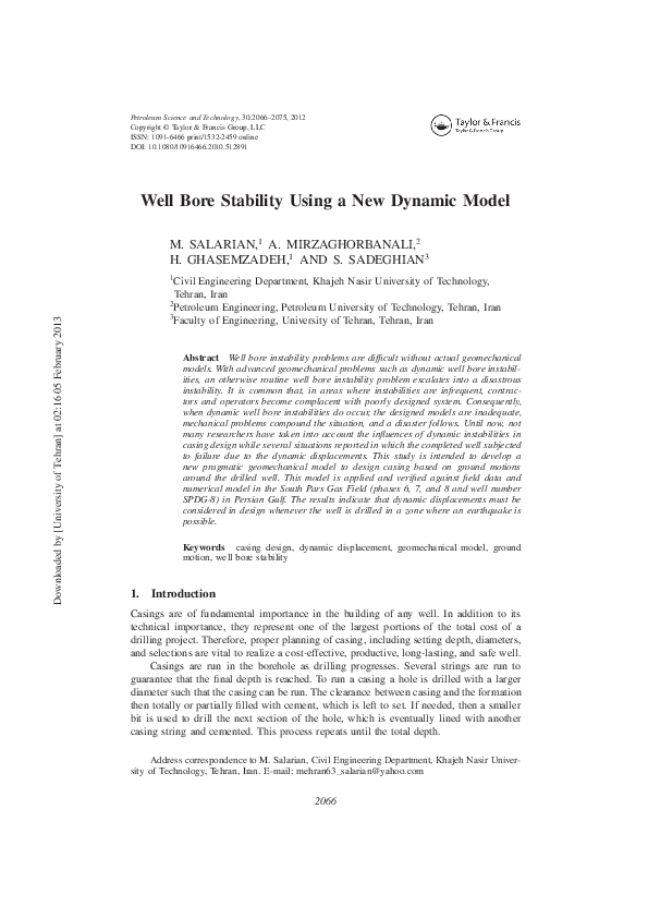 (PDF) Well Bore Stability Using a New Dynamic Model