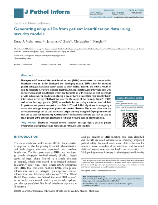 (PDF) Generating unique IDs from patient identification data using security models