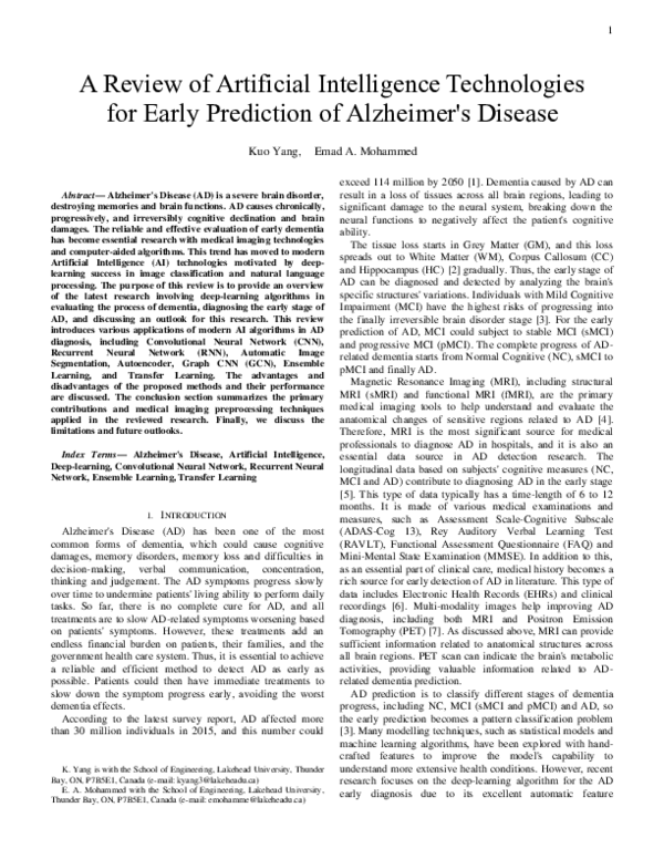 (PDF) A Review of Artificial Intelligence Technologies for Early Prediction of Alzheimer's Disease