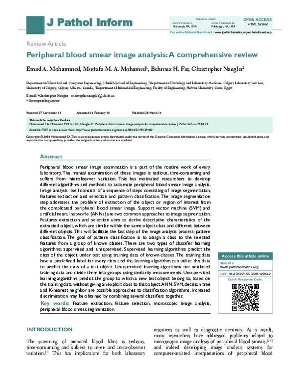 (PDF) Peripheral blood smear image analysis: A comprehensive review