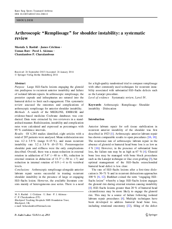 (PDF) Arthroscopic “Remplissage” for shoulder instability: a systematic ...