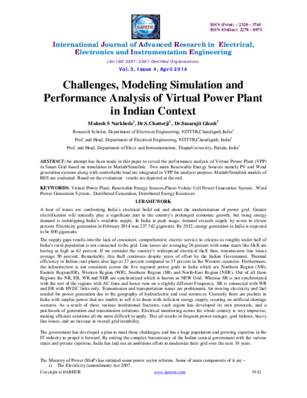 (PDF) Challenges, Modeling Simulation andPerformance Analysis of Virtual Power Plantin Indian ...