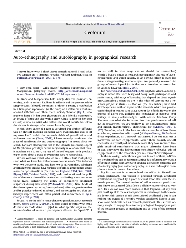 (PDF) Auto-ethnography and autobiography in geographical research