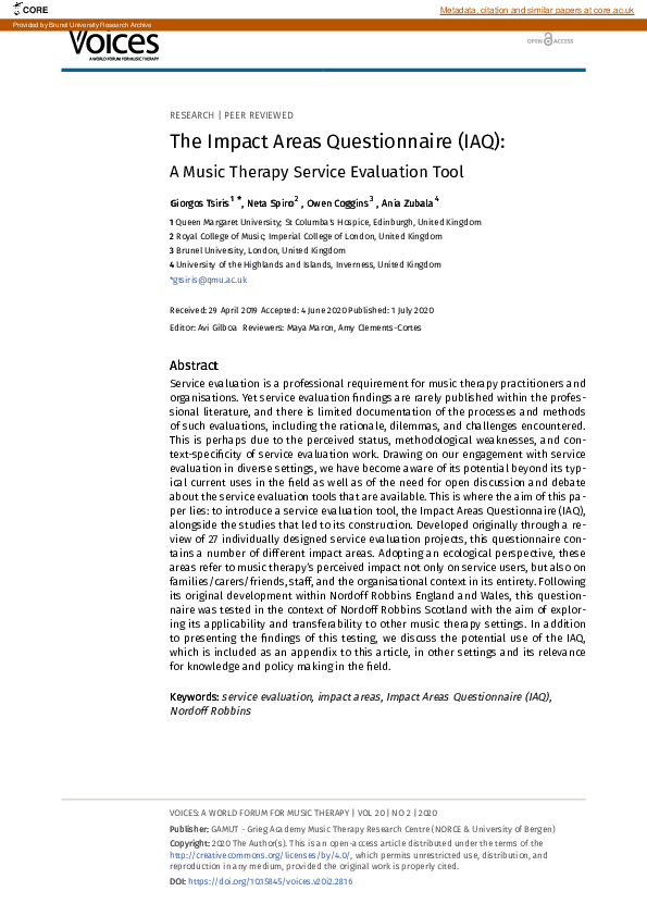 (PDF) The Impact Areas Questionnaire (IAQ): A Music Therapy Service ...