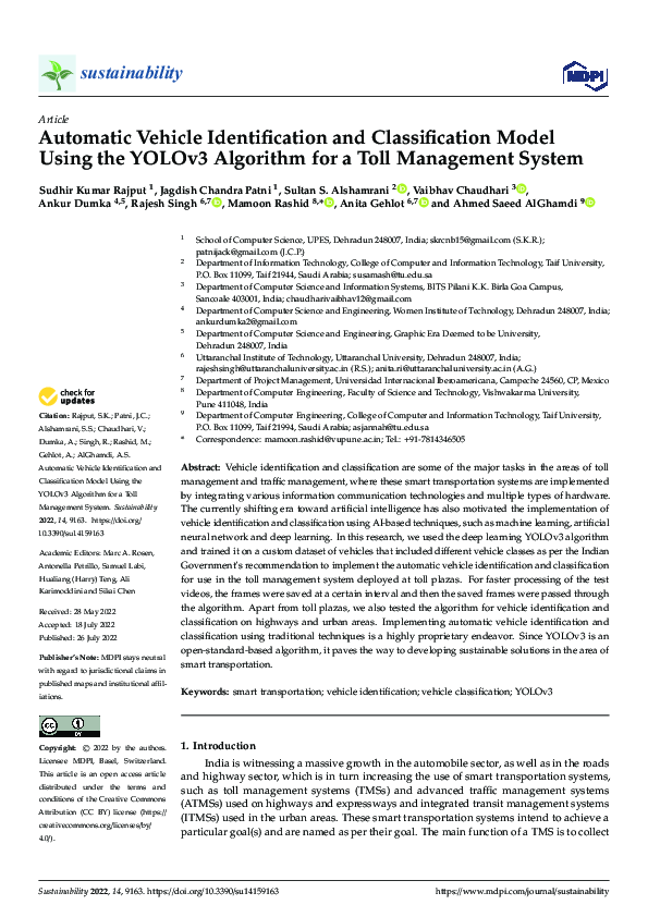 (PDF) Automatic Vehicle Identification and Classification Model Using the YOLOv3 Algorithm for a ...