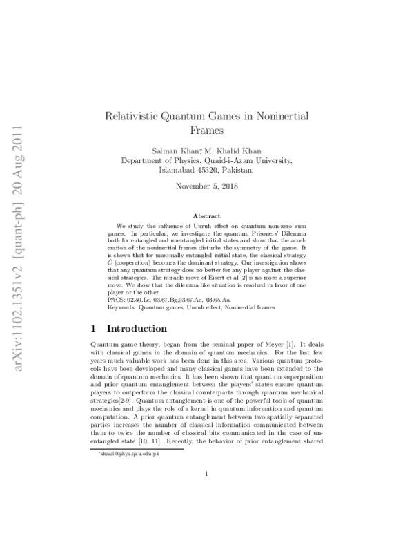 (PDF) Quantum games in noninertial frame