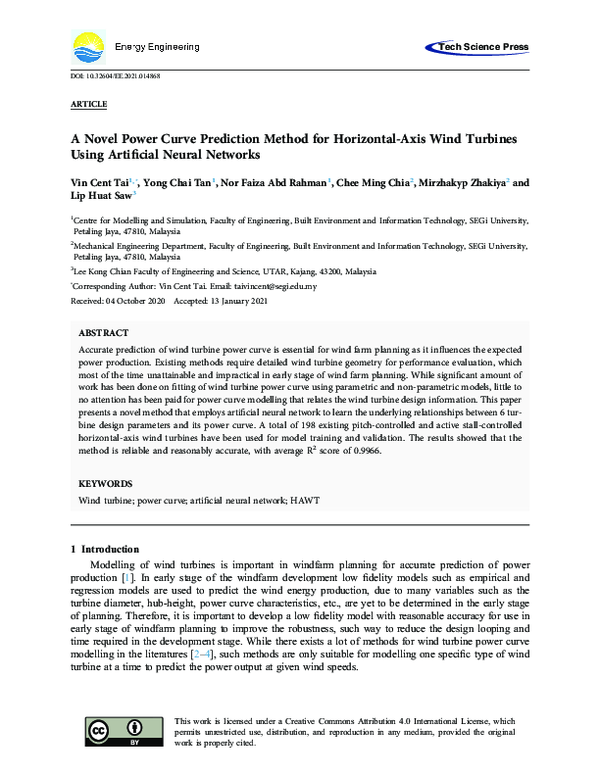 Pdf A Novel Power Curve Prediction Method For Horizontal Axis Wind Turbines Using Artificial