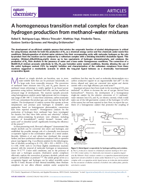 (PDF) A homogeneous transition metal complex for clean hydrogen ...