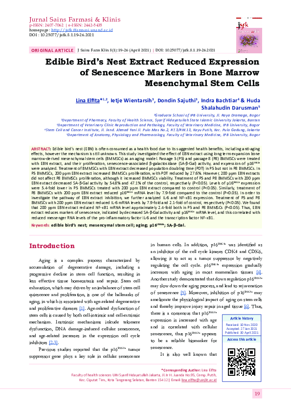 (PDF) Edible Bird’s Nest Extract Reduced Expression of Senescence ...